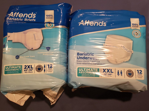 2 Attends 12 count LOT Bariatric Incontinence Briefs 2XL Unisex Adult ...