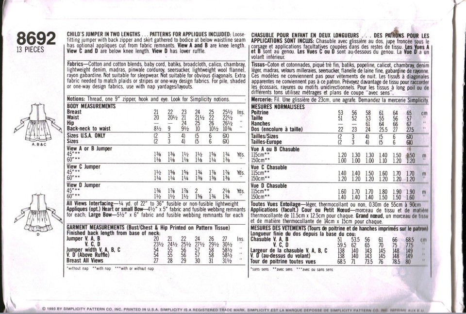 8692 Vintage Simplicity Sewing Pattern Girls Jumper Two lengths UNCUT ...