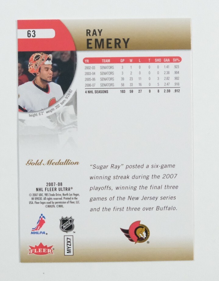 2007-08 Fleer Ultra Hockey Card Gold Medallion #63 Ray Emery | eBay