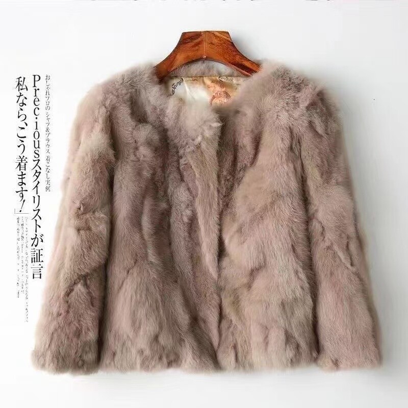 Women's Real Rabbit Fur Jacket Crew Neck Thick Coat 3/4 Sleeves Short ...