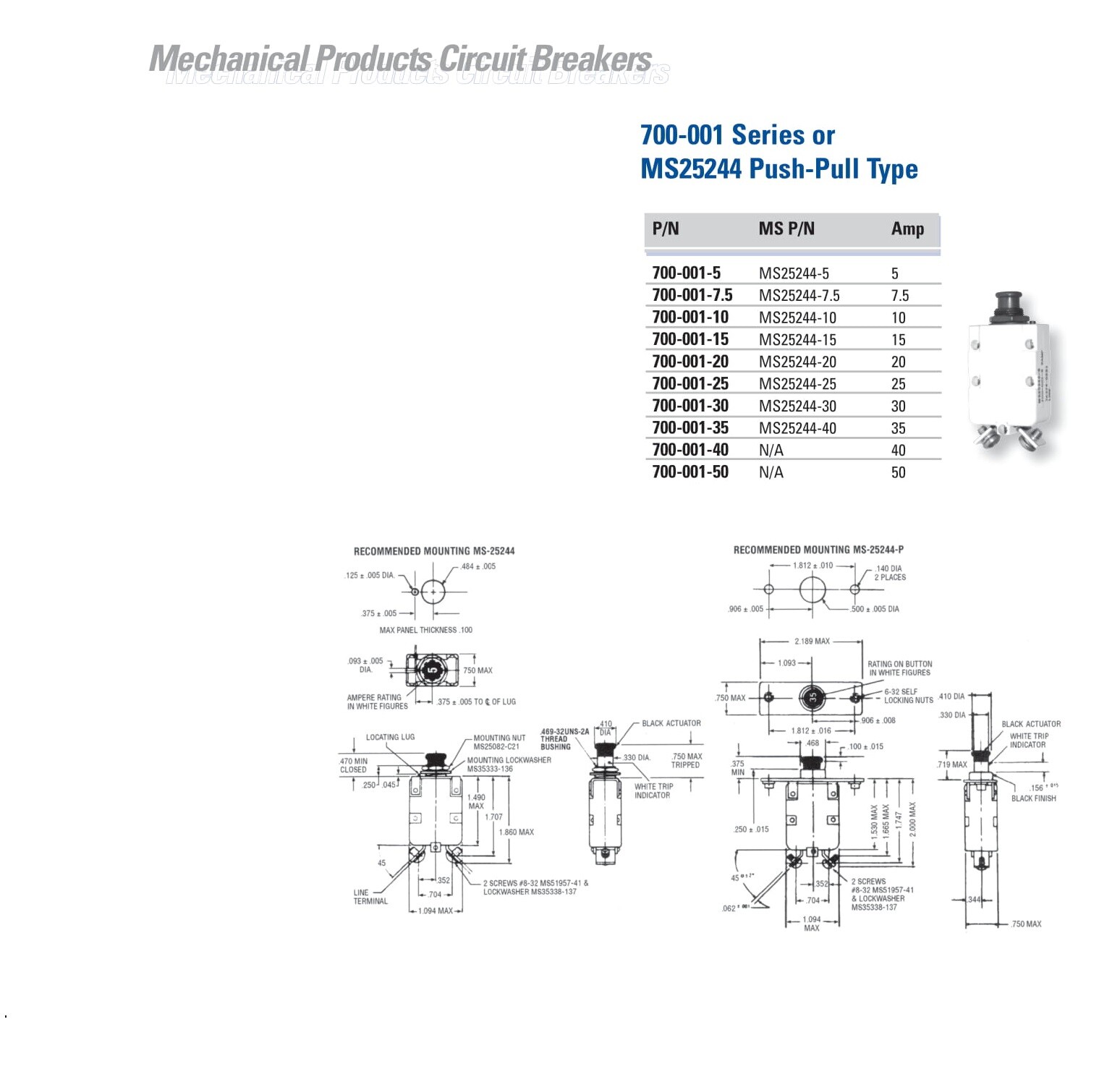 Eaton Circuit Breaker 700-001-35 (35 Amp) MS25244-35 Aircraft Circuit ...