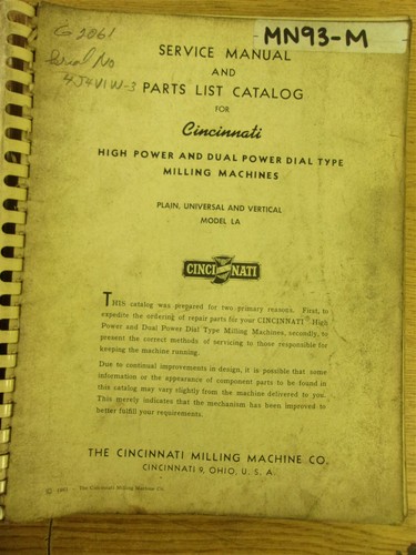 Cincinnati Milling Machine Service Manual Parts List Catalog Model LA ...