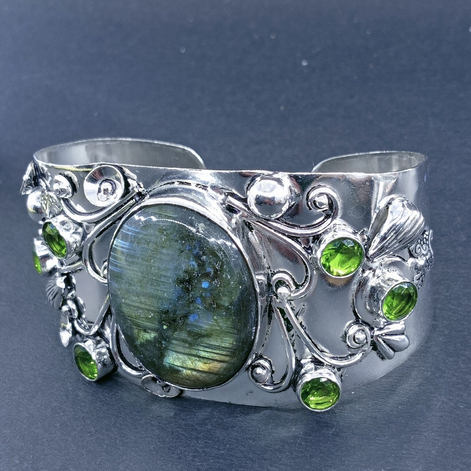 925 Sterling Silver Labradorite & Green Peridot Gemstone Jewelry Cuff ...