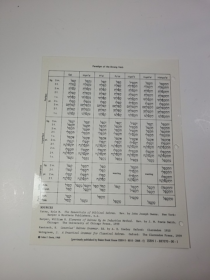 Hebrew Language Analysis Strong Verb Stylus 1968 Laminated Hole Punched ...
