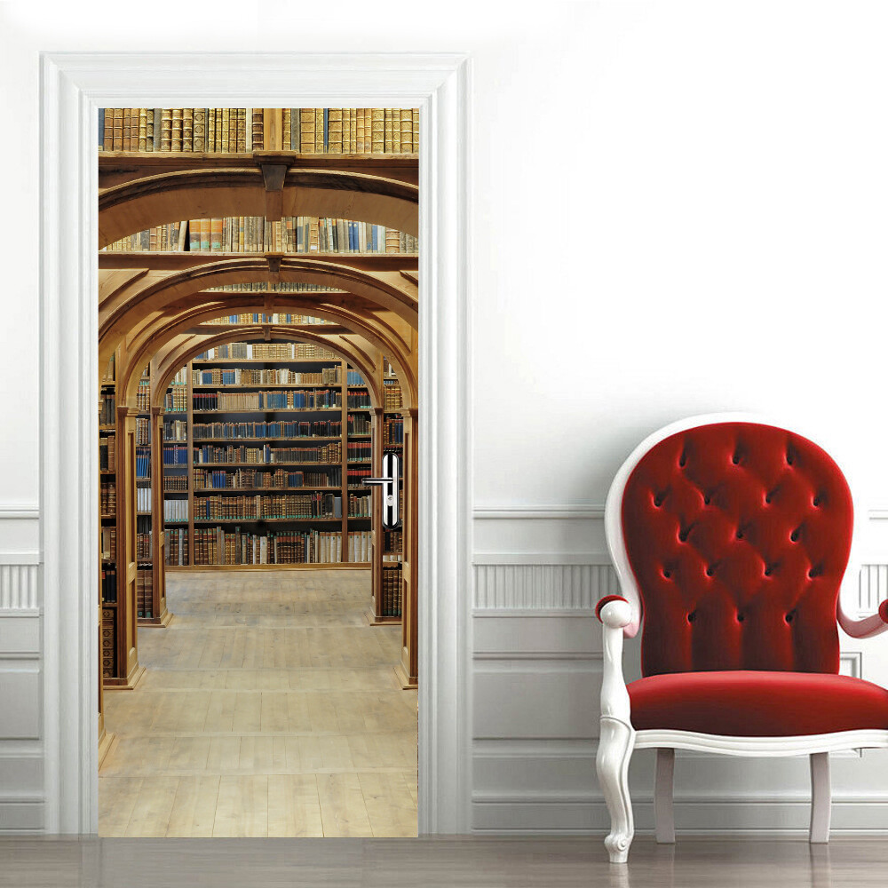 Door Sticker Library Retro Bookshelf Wall Decals Mural 3D Waterproof ...