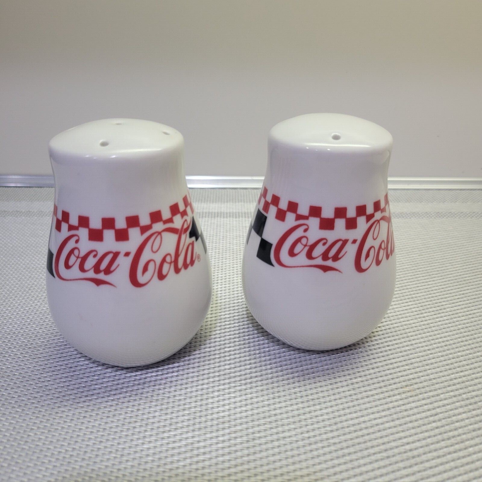 Vtg Coca Cola Checkers White Ceramic 3 3/8"H Salt & Pepper Shakers ...