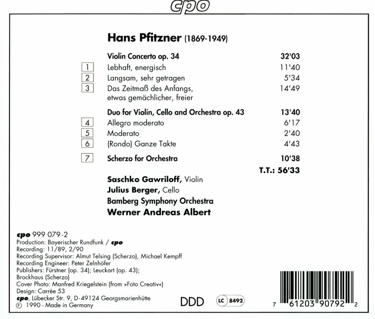 Pfitzner Violin Concerto Duo Violin & Cello GAWRILOFF JULIUS BERGER CPO ...