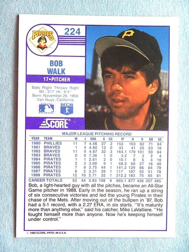 Bob Walk #224 Score 1989 Baseball Card (Pittsburgh Pirates) LN | eBay
