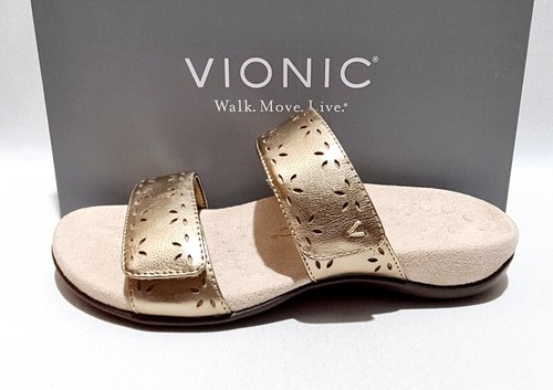 Vionic Randi Gold Metallic Leather Orthotic Sandals Wide Fit Adjustable ...