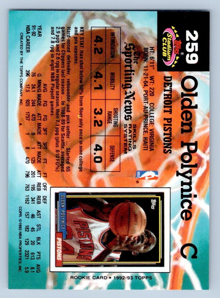 Olden Polynice 1992-93 Stadium Club Members Only #259 Detroit Pistons ...