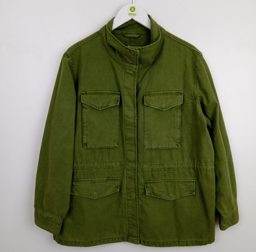 M&S Women's Jacket Size 16 Khaki 100% Cotton High Neck Snap Utility NEW ...