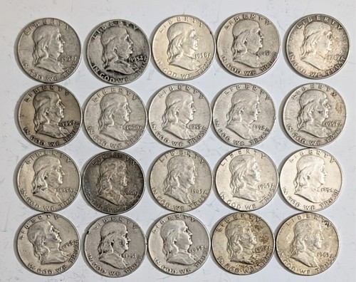 (LOT OF 20) 90% SILVER FRANKLIN HALF DOLLARS RANDOM DATES 1949-1963 PD ...