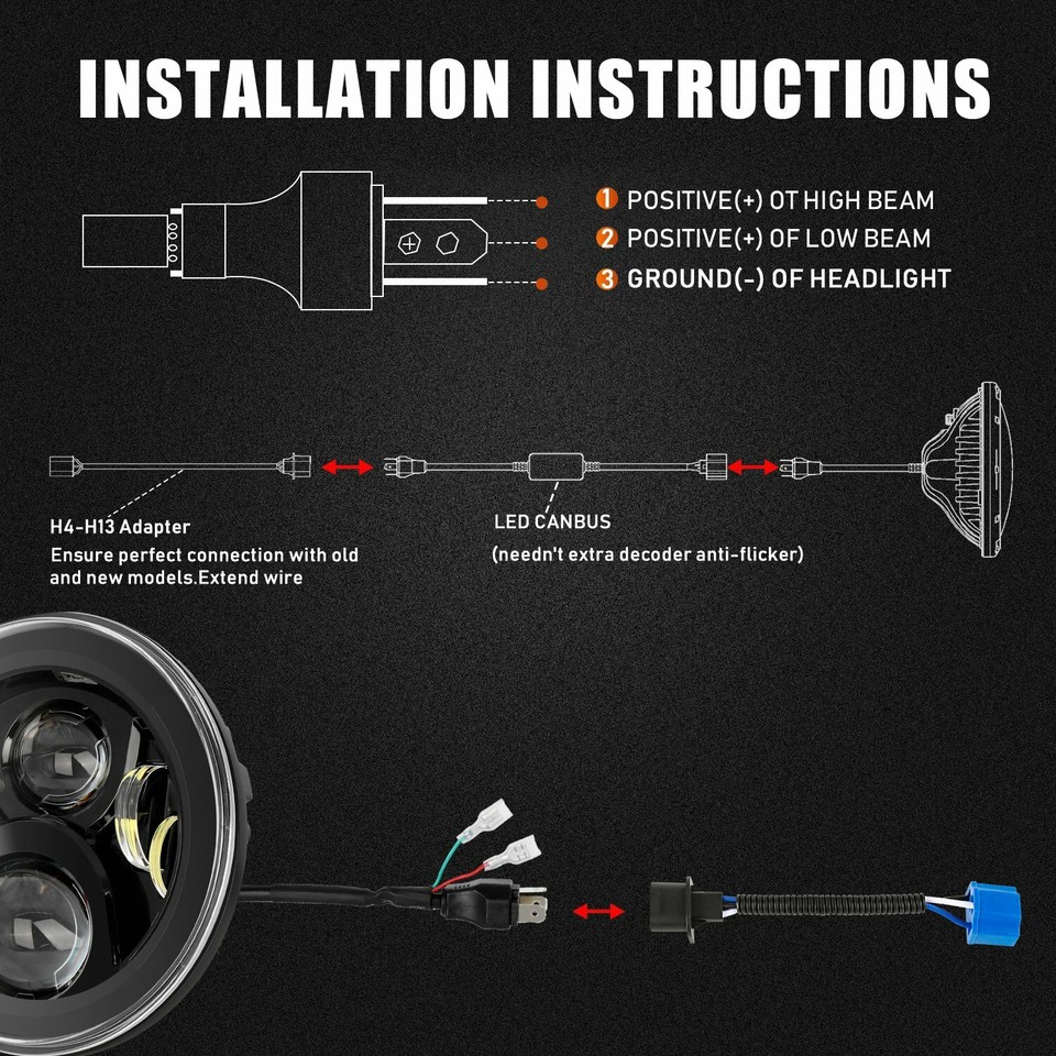 DOT Pair 7 Inch LED Headlights Hi/Lo Sealed Beam For Jeep Wrangler JK ...