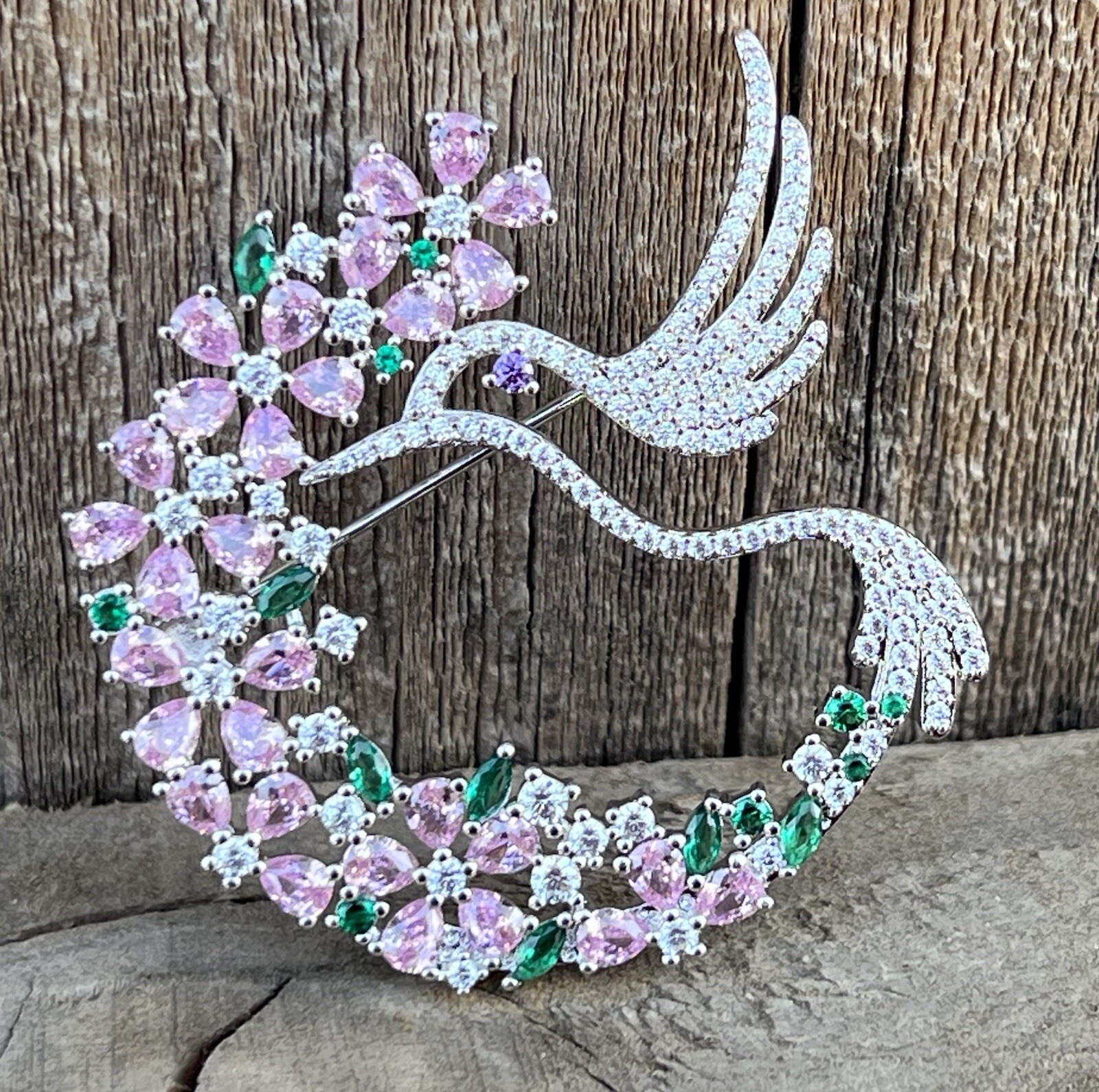 Flower Hummingbird Bird Brooch Pin Crystal Rhinestone… - Gem