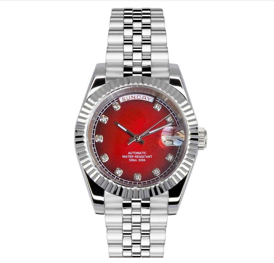 39MM Tandorio Red Black dial Fluted Bezel Day Date NH36A Automatic Mens ...