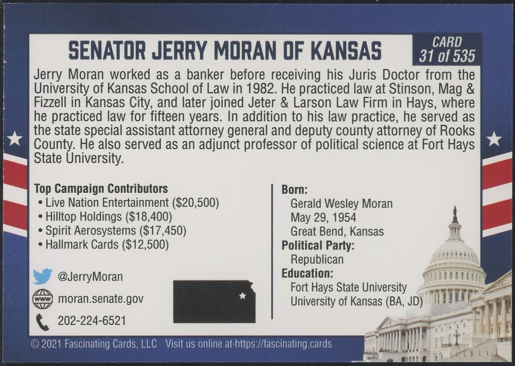 2021 Fascinating Cards 117th US Congress Jerry Moran GOP Kansas #31 | eBay
