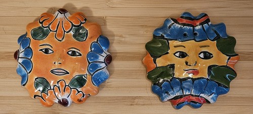 Mexican Folk Art Terra Cotta Sun Face x 2 (Wall Hanging, Hand Painted ...