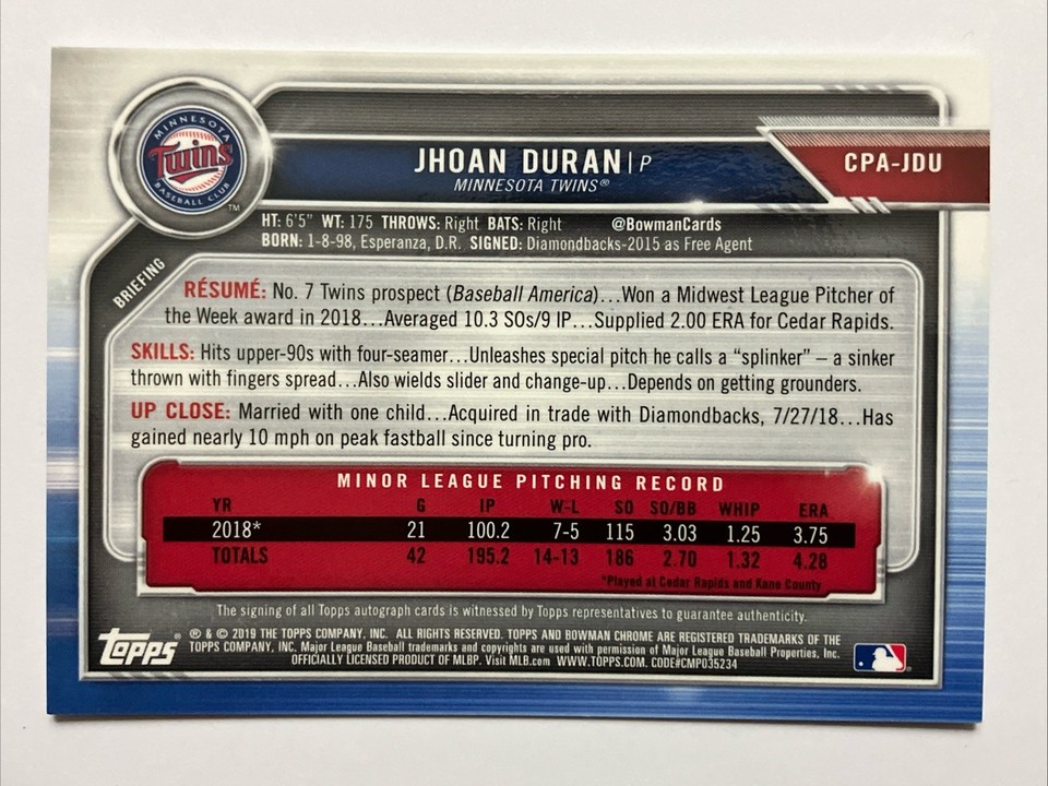 JHOAN DURAN 1st On Card Autograph 2019 Bowman Chrome Auto Phillies ...
