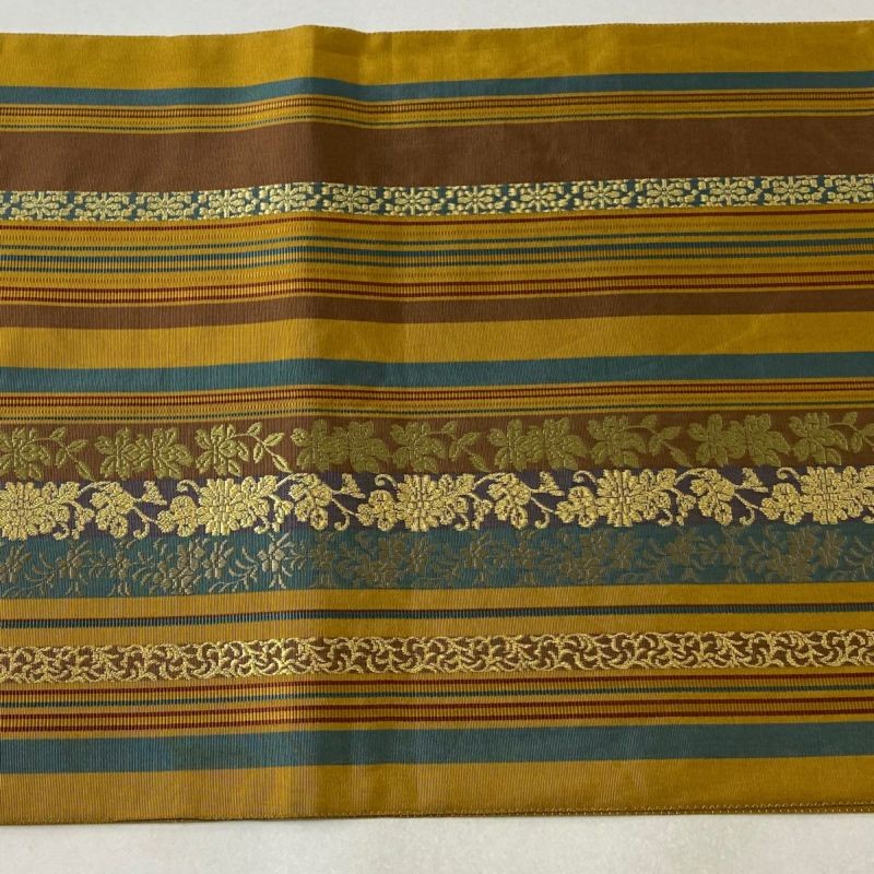 Japanese Silk Fukuro obi Yellowish brown Grass and flowers Stripe Masterpiece 89 | eBay