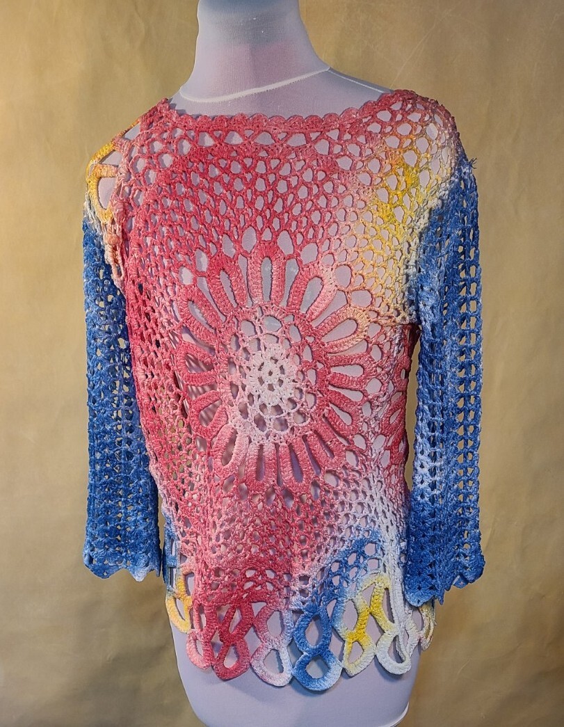 Boston Proper Daring Rainbow Tie Dye Asymmetrical Crochet Sweater Top ...