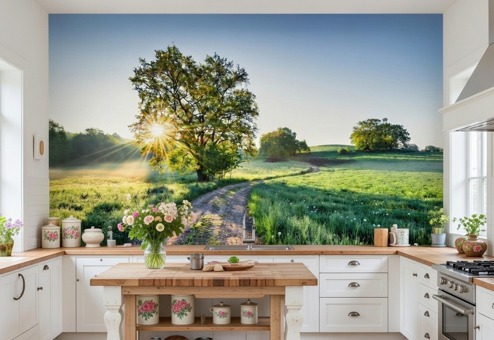 Dining Room Photo Wallpaper Full size Wall Mural Meadow trail green ...