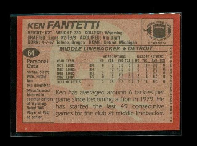 Vintage 1983 TOPPS Football Trading Card #64 KEN FANTETTI Detroit Lions ...