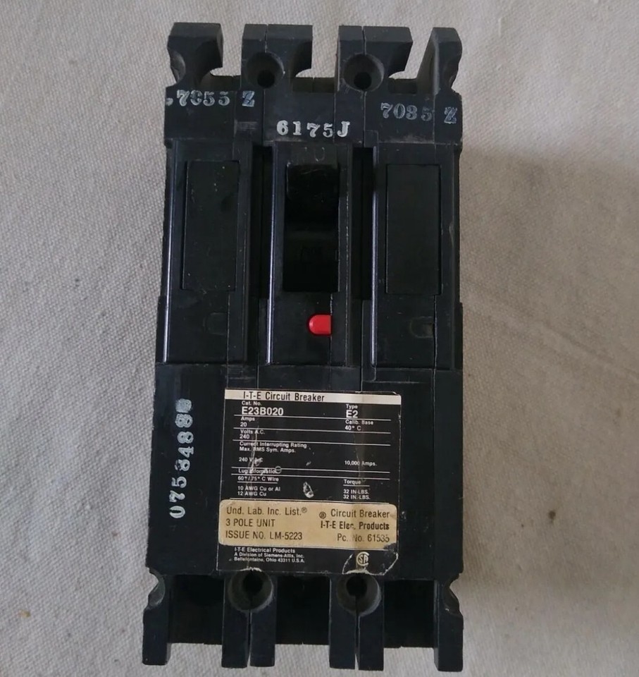 ITE CIRCUIT BREAKER TYPE-E2-A 3 POLE 20A 240V CAT. NO. E23B020 | eBay