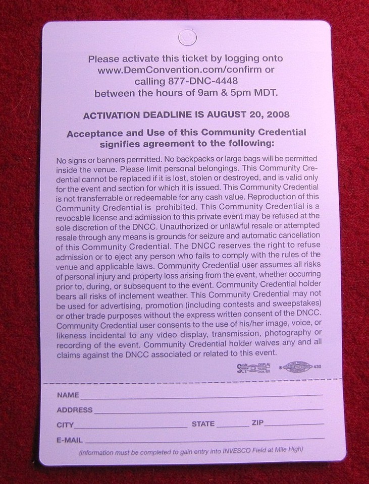 August 28 2008 Barack Obama DNC Democratic National Convention Ticket ...
