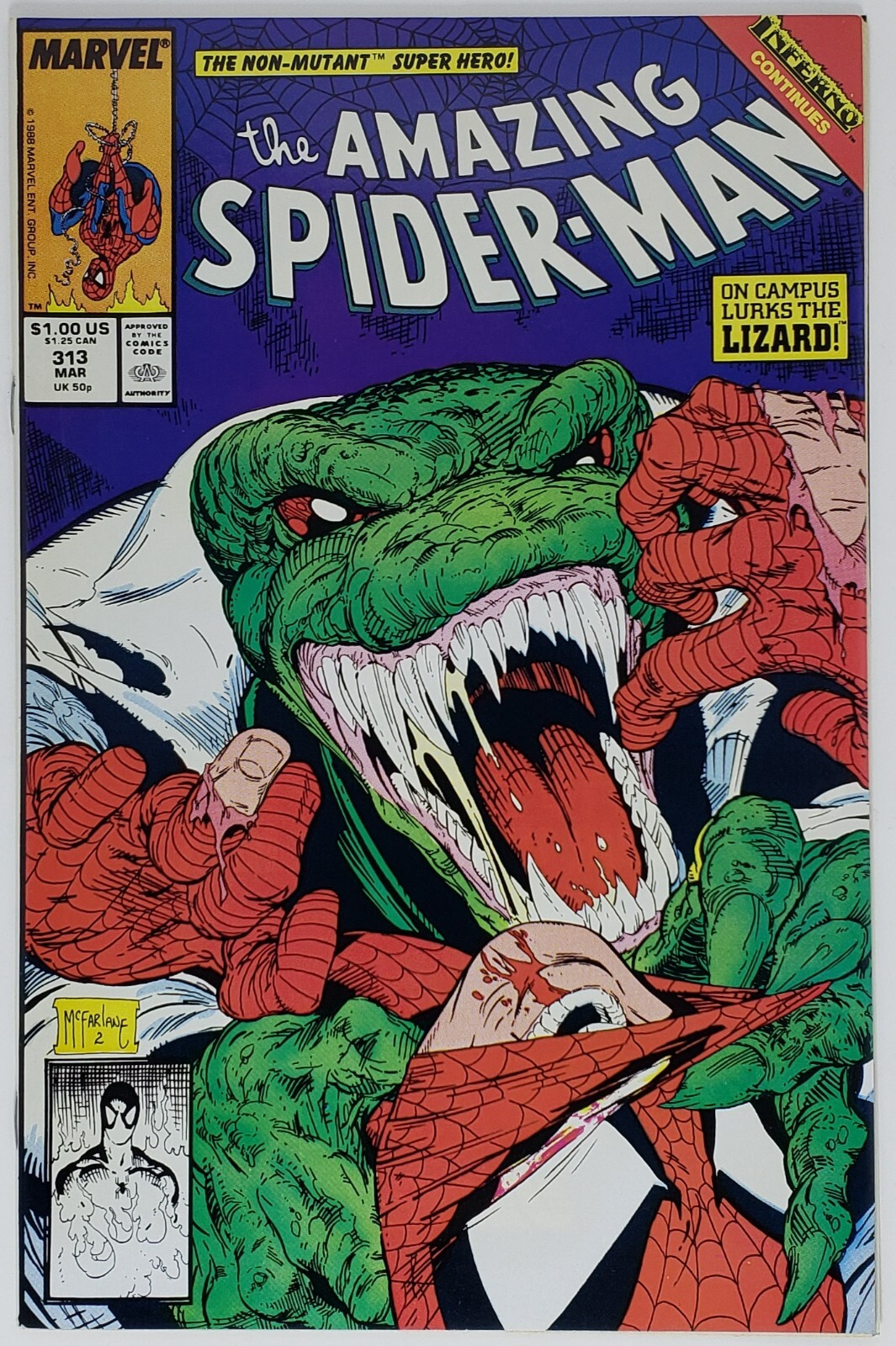THE AMAZING SPIDER-MAN 313 Marvel Comics 1989 Lizard Todd McFarlane art ...