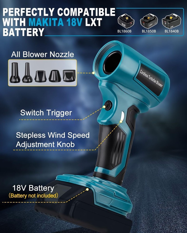 Cordless Handheld Jet Blower Portable Violent Turbo Fan for Makita 18V ...