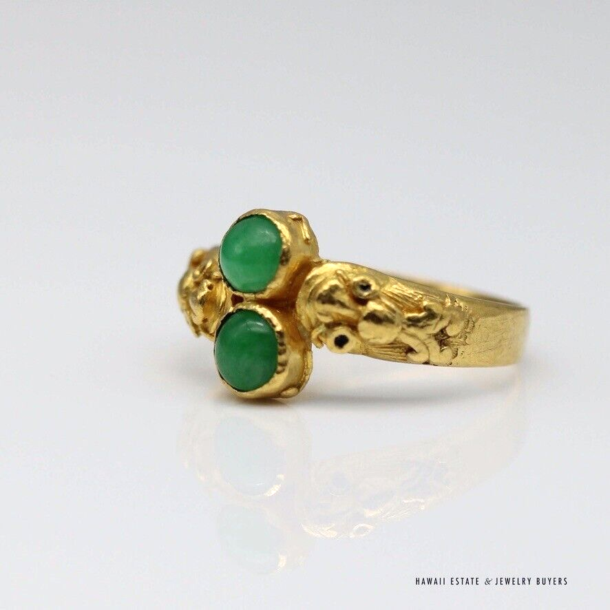 6.4g 24KYG 4mm ROUND GREEN JADE ENGRAVED RING SIZE 7.75 | eBay