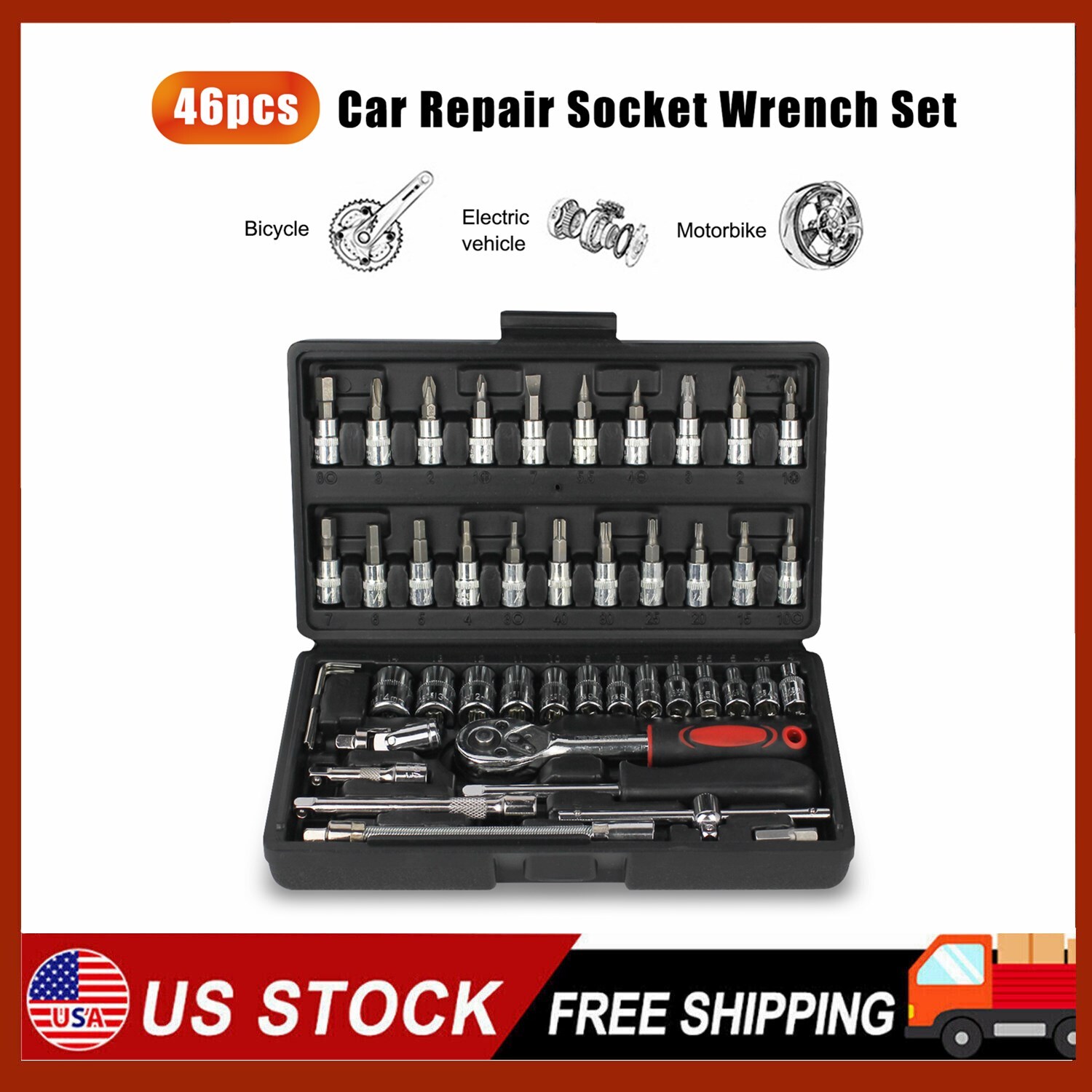 46-Piece Car Repair Ratchet Wrench Socket Tool Set METRIC/SAE 1/4 ...