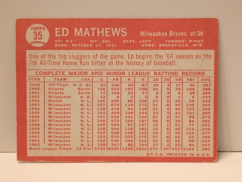 1964 Topps Eddie Mathews #35 Milwaukee Braves HOF VG-EX **free shipping ...