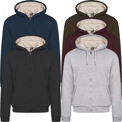 Mens Fur Lined Hoodie Jacket Padded Sherpa Fleece Hooded Winter Plain ...