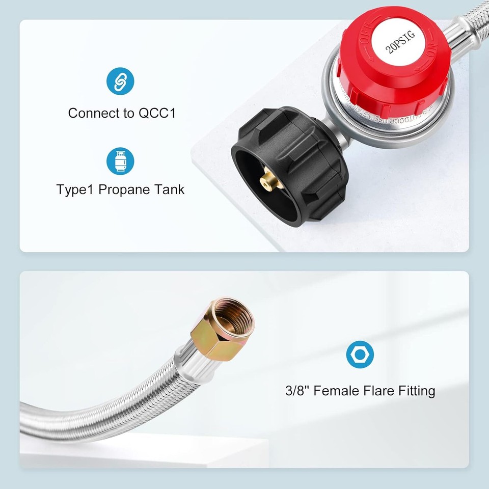 5FT High Pressure Propane 20 PSI Adjustable Regulator with Hose QCC-1 ...