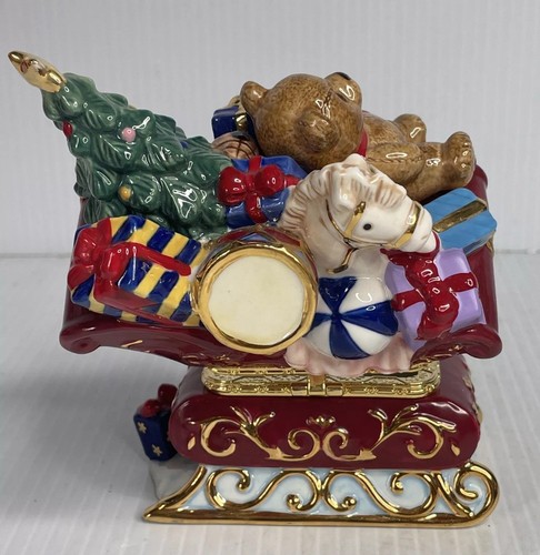 Traditions Porcelain Hand Painted Hinged Trinket Box Red Sleigh w/Gifts ...