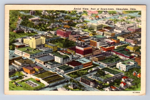 VINTAGE PART OF DOWNTOWN OKMULGEE, OKLAHOMA~AERIAL VIEW LINEN POSTCARD ...