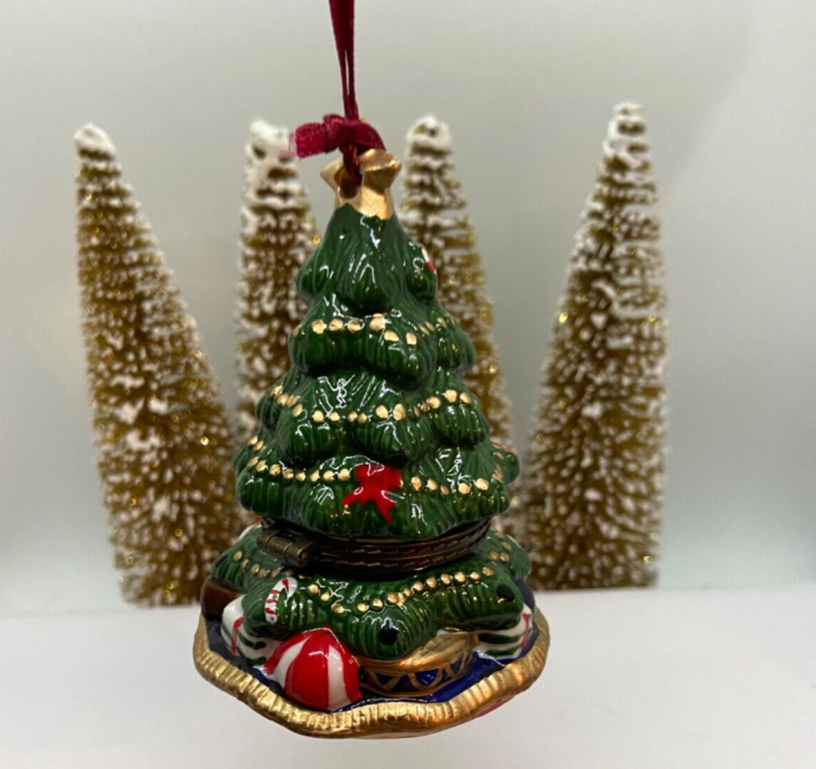 Trinket Box Christmas Tree Porcelain Hinged 3” Base With Presents, Gold ...