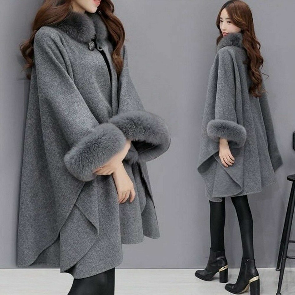 Women's Flare Sleeve Faux Fox Fur Collar Winter Cloak Cape Coat Poncho ...