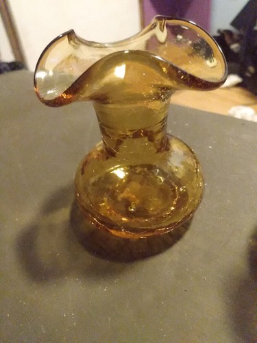 vintage amber glass ruffle top floral flower vase hand blown | eBay