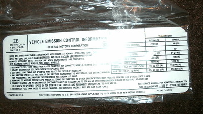 1974 CHEVROLET CORVETTE 350 V8 195HP ENGINE EMISSIONS DECAL STICKER NEW ...