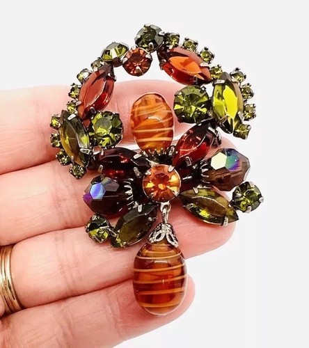 REGENCY Autumn Rhinestone & Art Glass Dangle Brooch Unsigned Vintage ...