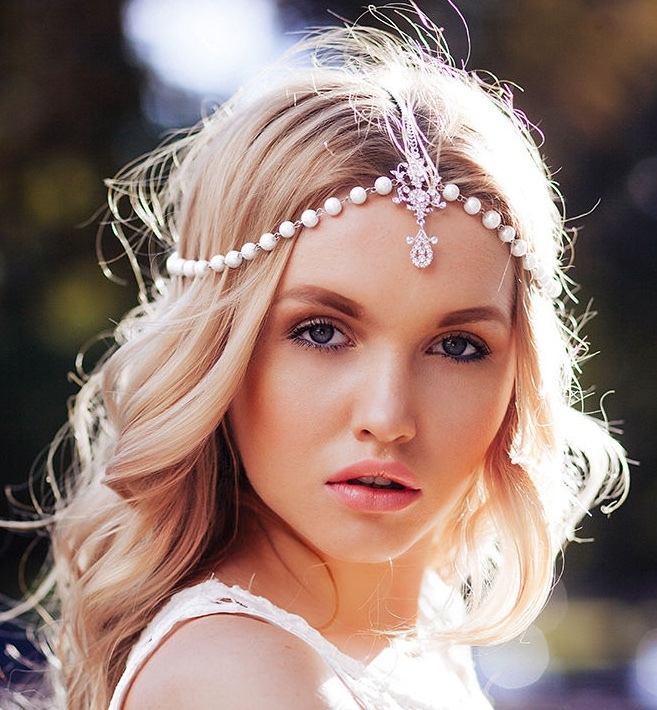 Kristin Perry Crystal Pearl Tikka Chain Bridal Headpiece Grecian Hair ...