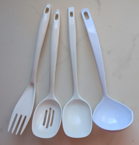 4 White Melamine Ware Utensils- Solid & Slotted Serving Spoon & Ladle ...