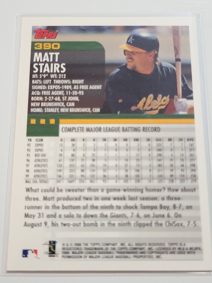 MATT STAIRS 2000 Topps #390. A's | eBay