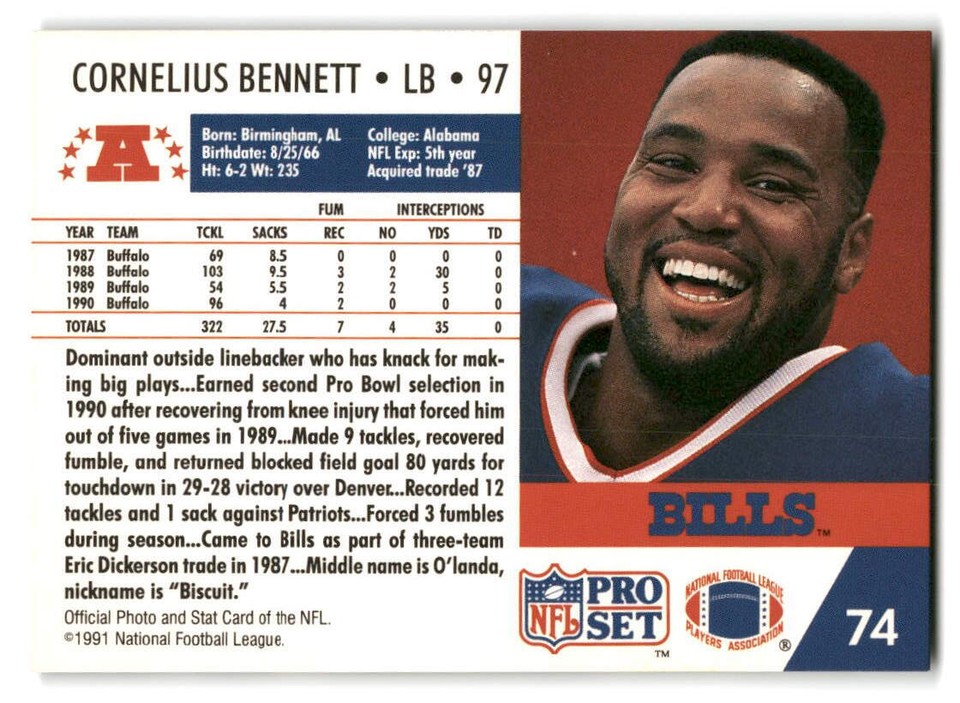 Cornelius Bennett 1991 Pro Set #74b Buffalo Bills FOOTBALL | eBay