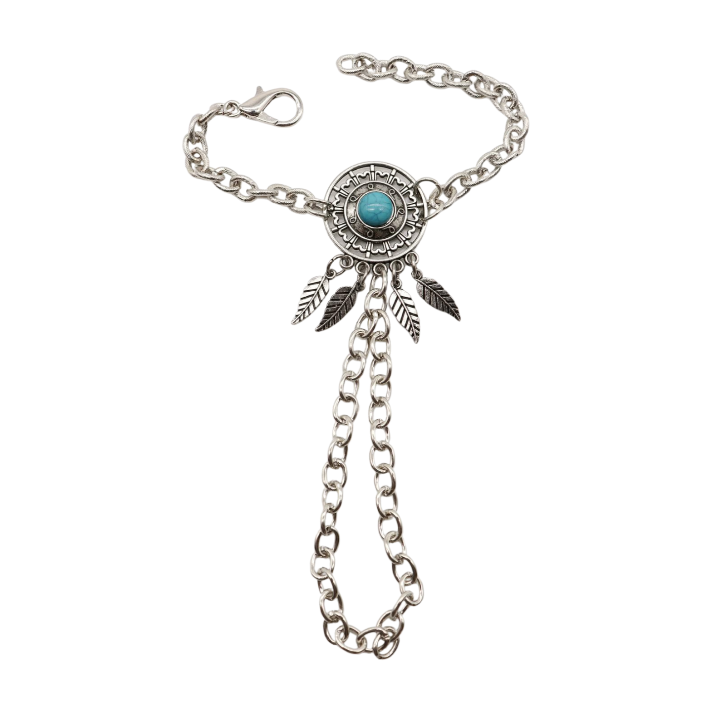 Women Silver Metal Hand Chain Bracelet Connected Ring Turquoise ...