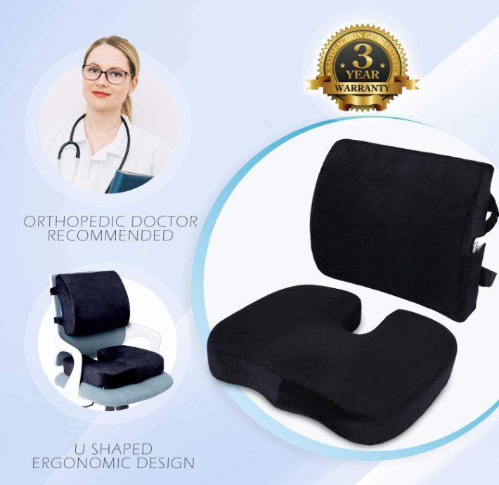 Orthopedic Seat & Back Cushion Lumbar Support Pillow Driving Office ...