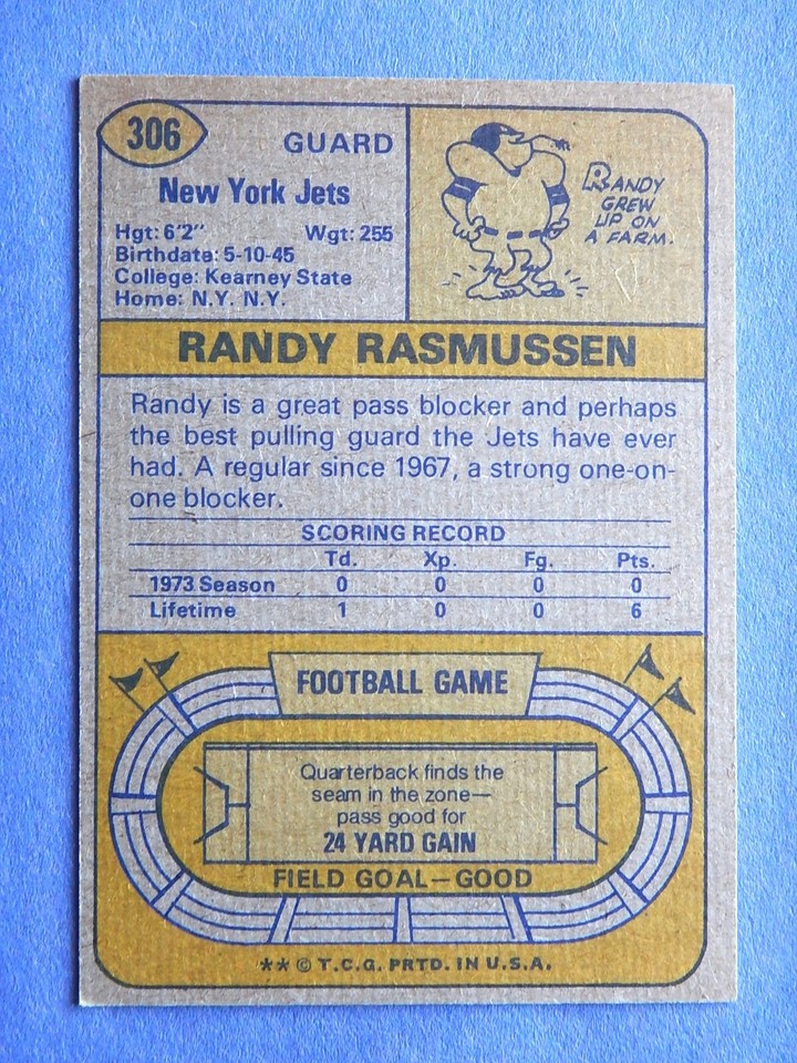 Randy Rasmussen #306 Topps 1974 Football Card (New York Jets) E | eBay