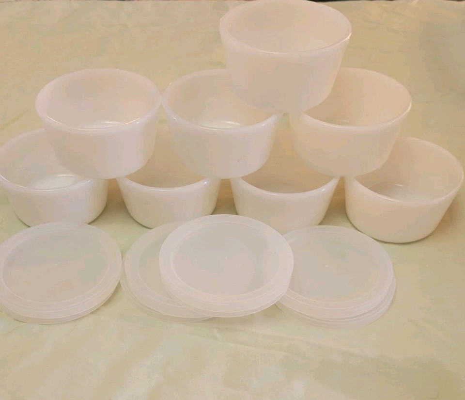 Vtg Glasbake Milk Glass Custard Ramekin Dessert Cups With Plastic Lids ...